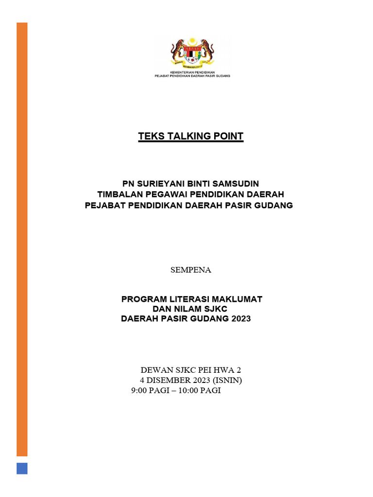 Teks Ucapan Perasmian Program Literasi Maklumat Dan NILAM SJKC | PDF