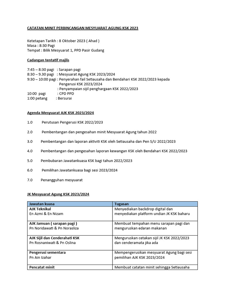 CATATAN MINIT PERBINCANGAN MESYUARAT AGUNG KSK 2023 | PDF