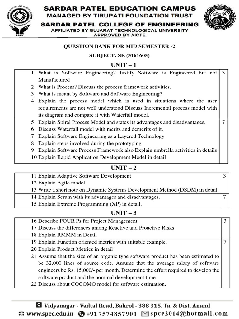 Question Bank 2 For Mid Sem Exam Se (3161605) PDF | PDF | Software Development Process ...