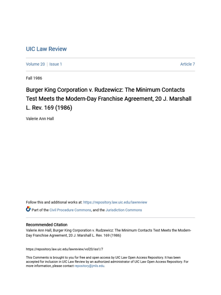 Burger King Corporation v. Rudzewicz - The Minimum Contacts Test M ...