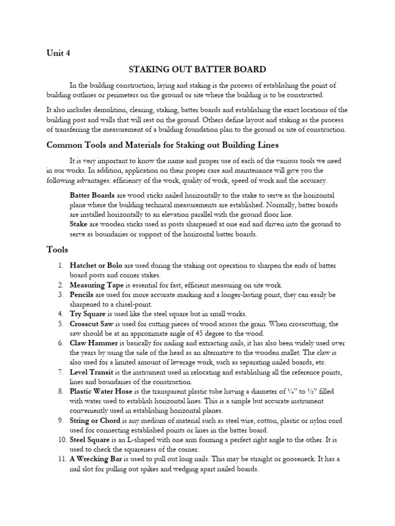 Unit No. 4 - Staking Out Batter Boards | PDF