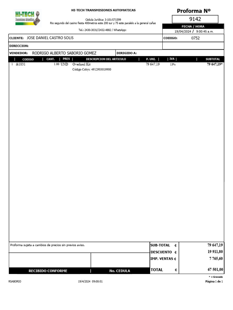 Proforma de Overhaul Kit - HI-TECH | PDF