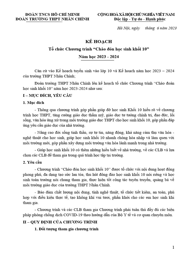KH Tổ Chức Chương Trình Chào Đón Học Sinh Khối 10 Năm Học 2023 2024 | PDF