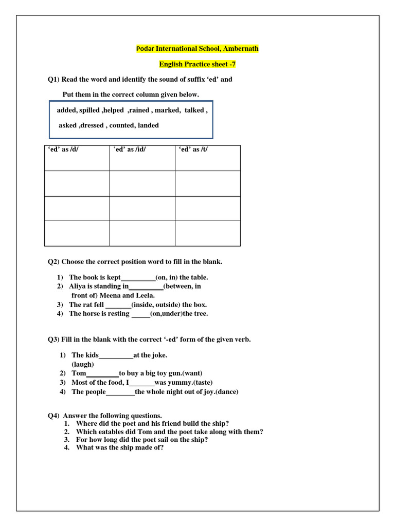 English Practise Sheet 7 | PDF