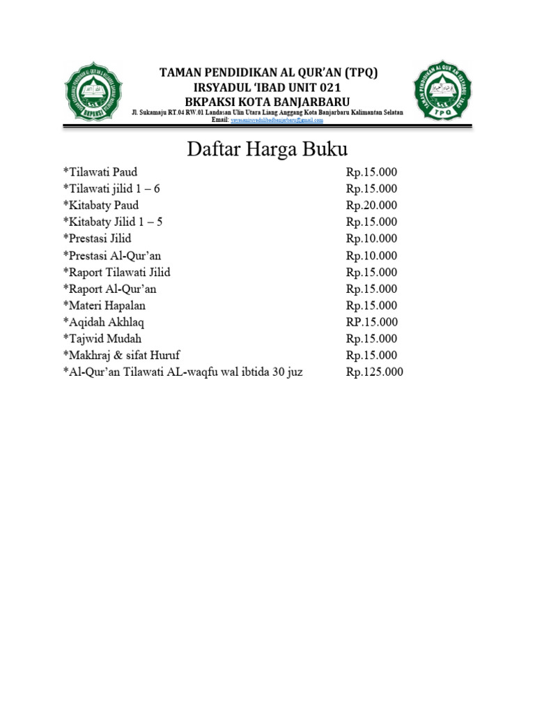 Daftar Harga Buku Tilawati dan Kitabaty | PDF