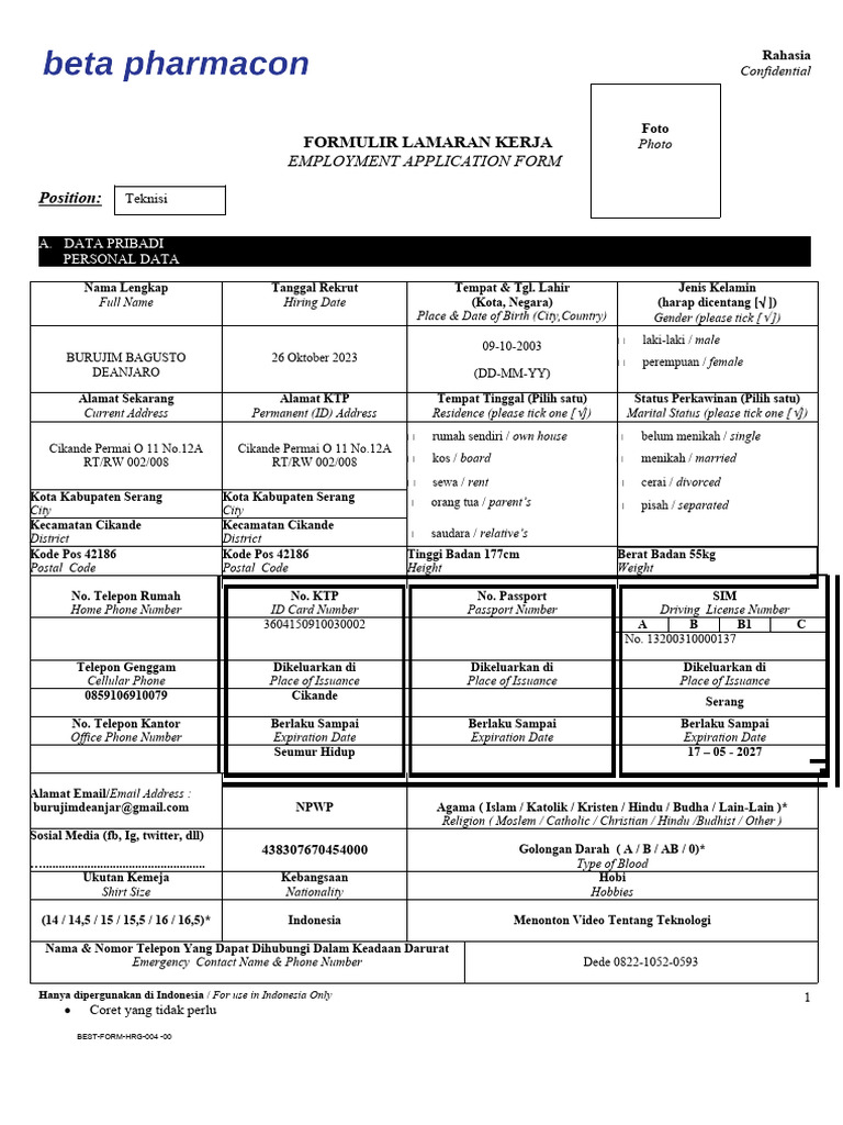 BEST FORM HRG 004 Formulir Lamaran Kerja | PDF