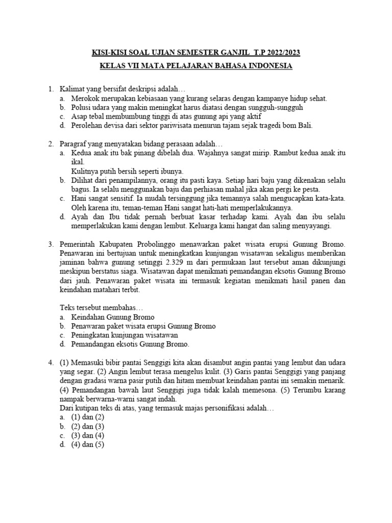 Kisi-Kisi Soal Ujian Semester Ganjil Bahasa Indonesia Kelas 7 T.P 2022-2023 | PDF | Kajian ...