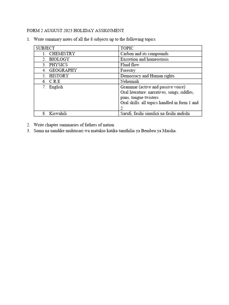 Form 2 August 2023 Holiday Assignment | PDF