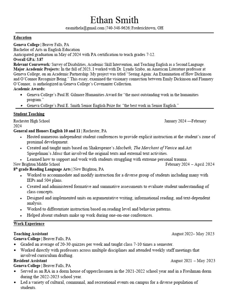 Ethan Smiths Resume | PDF | English Studies | Behavior Modification