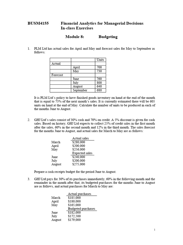 Module 8 - In-Class Exercises - Budgeting-1 | PDF | Budget | Expense