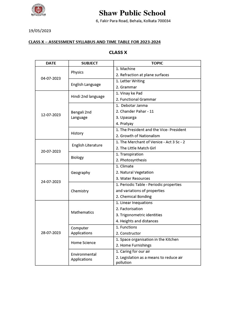 Class X - Assessment Syllabus and Time Table For 2023-2024 | PDF