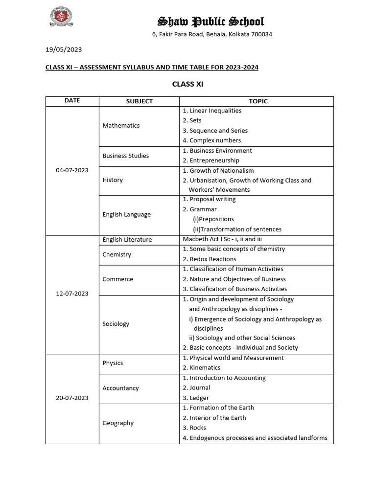 Class XI - Assessment Syllabus and Time Table For 2023-2024 | Download ...