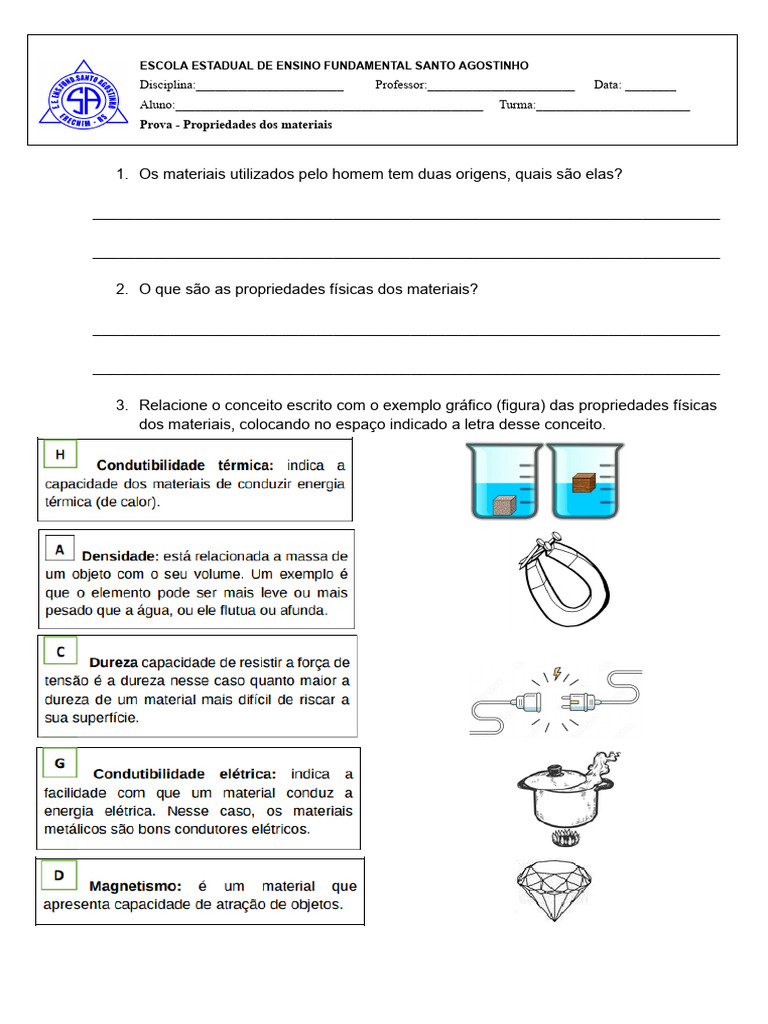 Prova Propriedades Dos Materiais 5 Ano | PDF