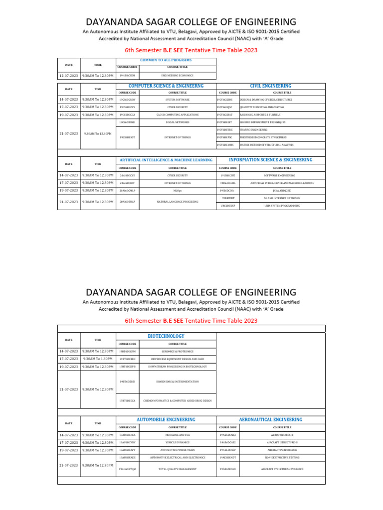 6th Semester B.E SEE Time Table 2023 | PDF | Engineering | Internet Of ...
