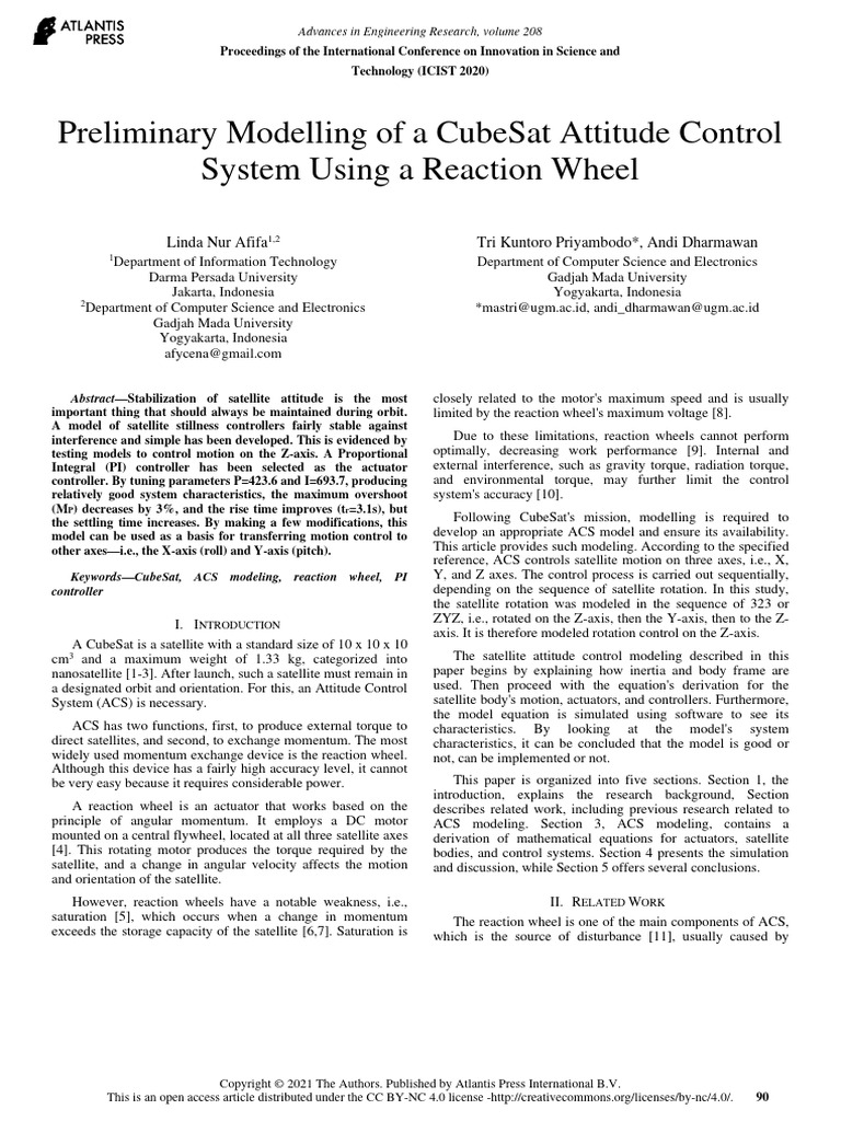 Preliminary Modelling Of A Cubesat Attitude Control System Using A Reaction Wheel Pdf