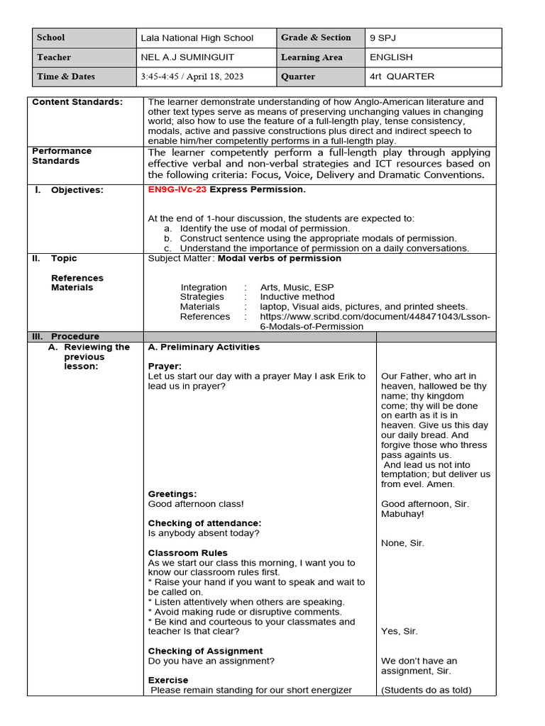 Modals of Permission Lesson Plan | PDF | Verb | Linguistic Morphology