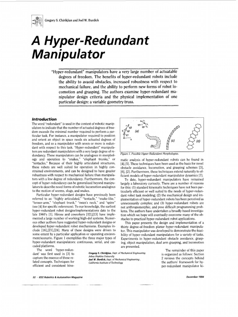 1994-Gregory S. Chirikijan-A Hyper-Redundant Manipulator | PDF | Kinematics | Curve