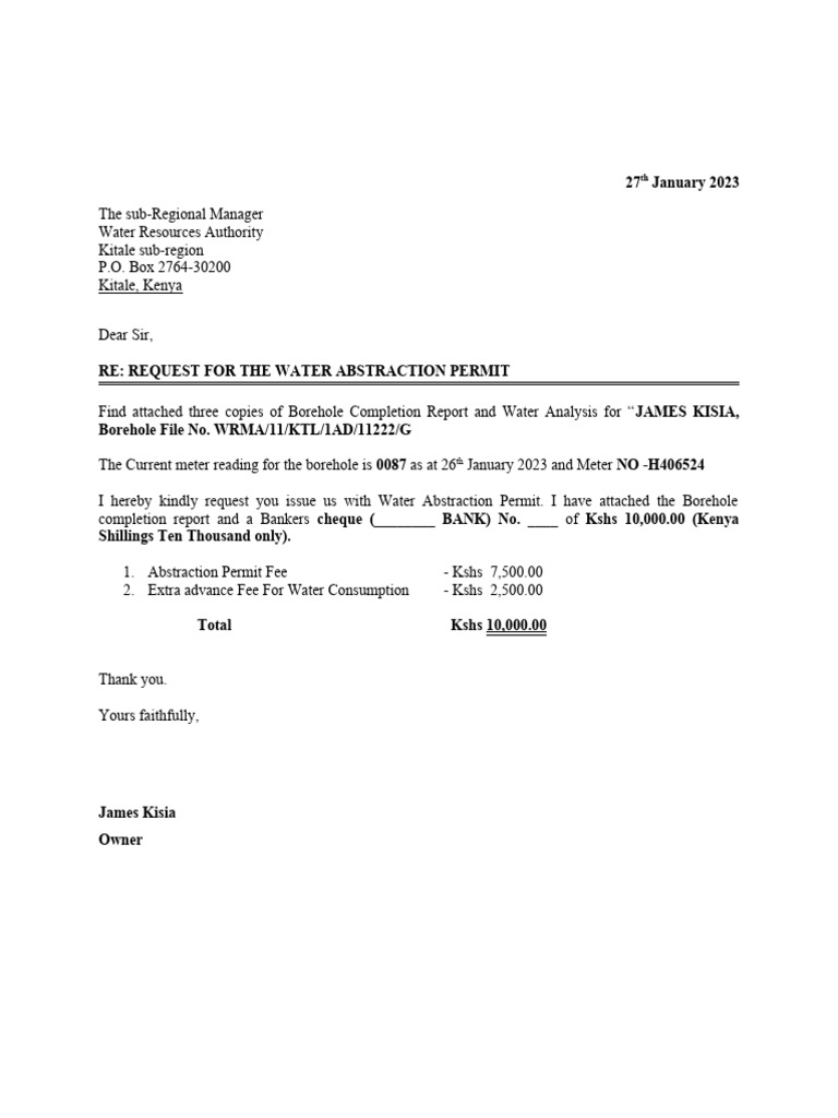 Request For Abstraction Permit-James Kisia | PDF | Law | Home & Garden