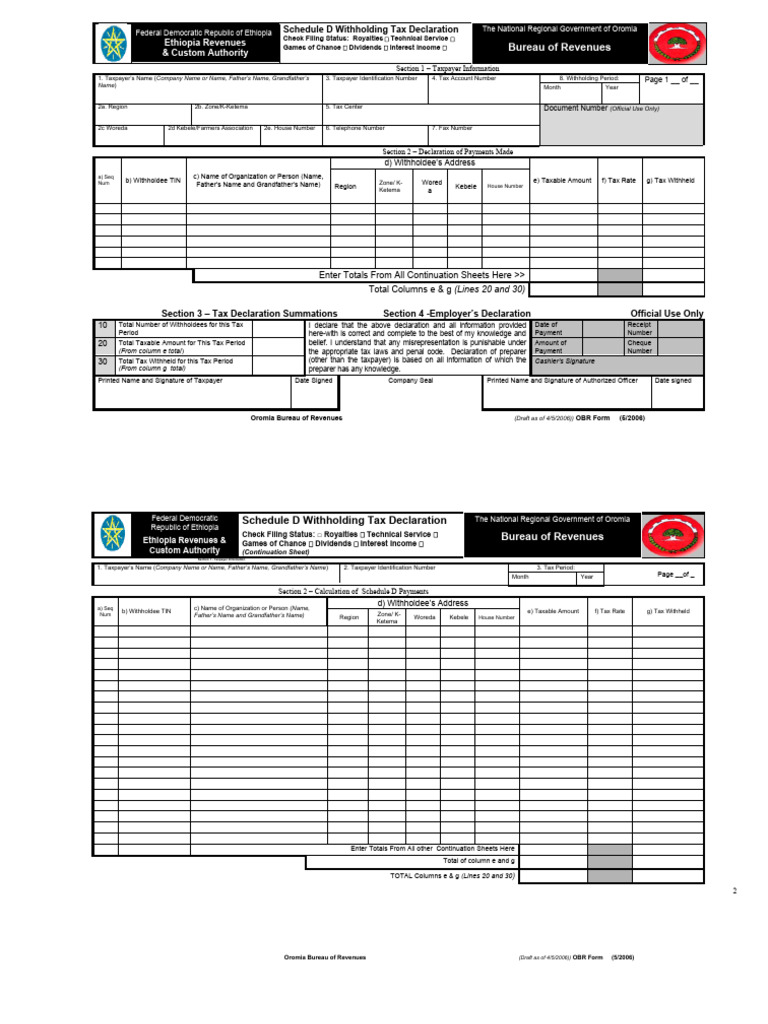 Withholding Tax Declaration Form Ethiopia | PDF | Taxes | Payments