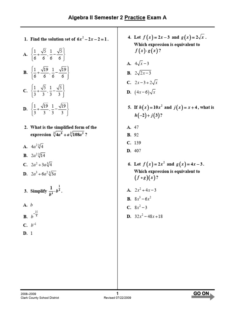 Commontest Algebra2s2practicea | PDF | Algebra | Equations