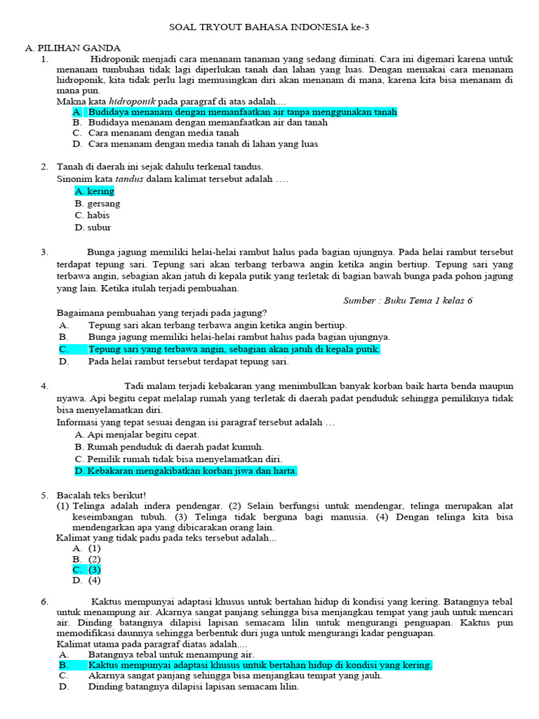 Soal Tryout Bahasa Indonesia Ke-3 Jawaban | PDF