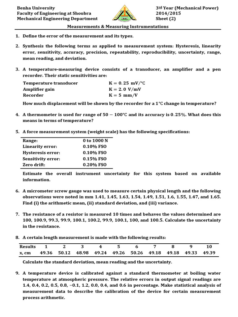 Sheet (2) (Basic Concepts of Measurements) | PDF | Measurement | Temperature