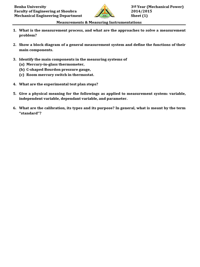 Sheet (1) (Basic Concepts of Measurements) | PDF