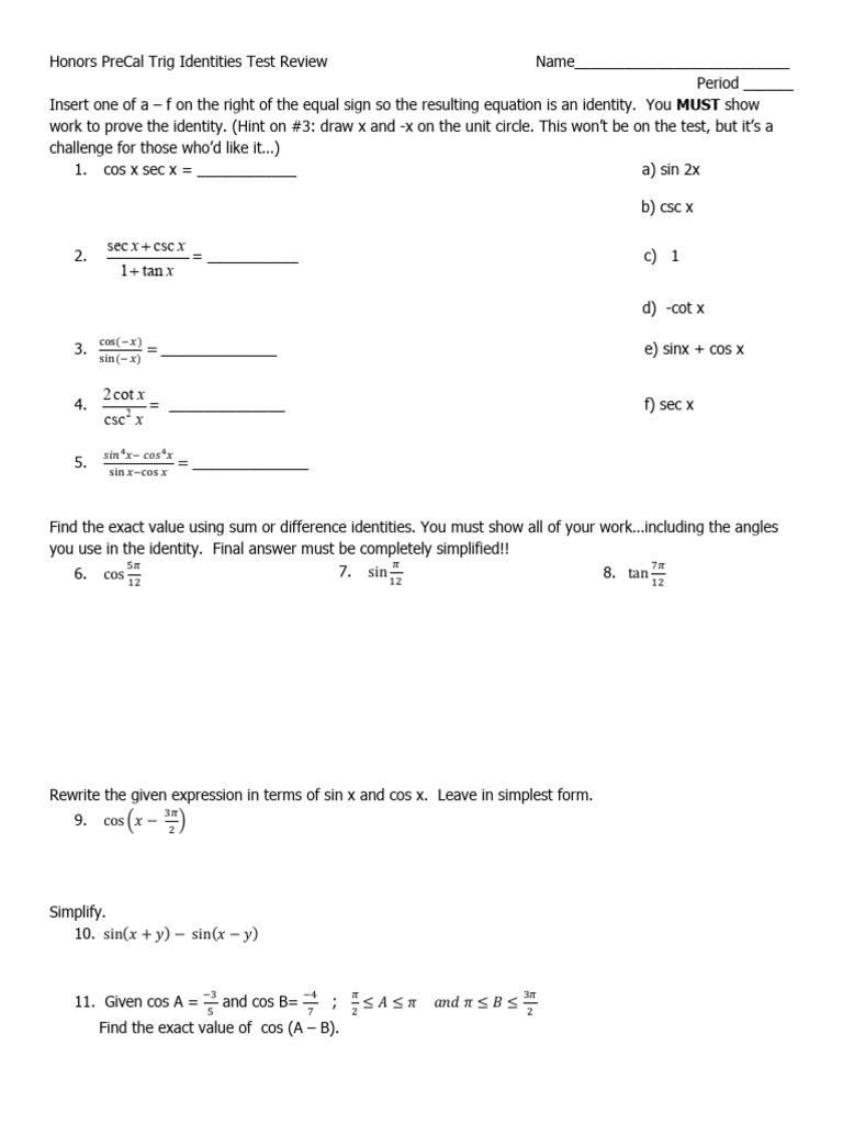Test Review Trig Identities 2021 2 | PDF | Trigonometric Functions ...
