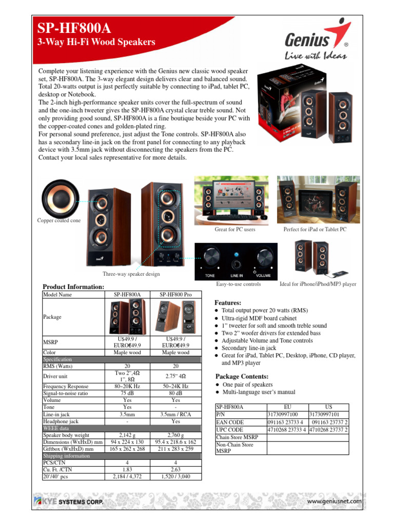 Datasheet 1325904 Genius SP HF 800a 20 PC Speaker Corded 20 W Wood Black | PDF | Loudspeaker ...
