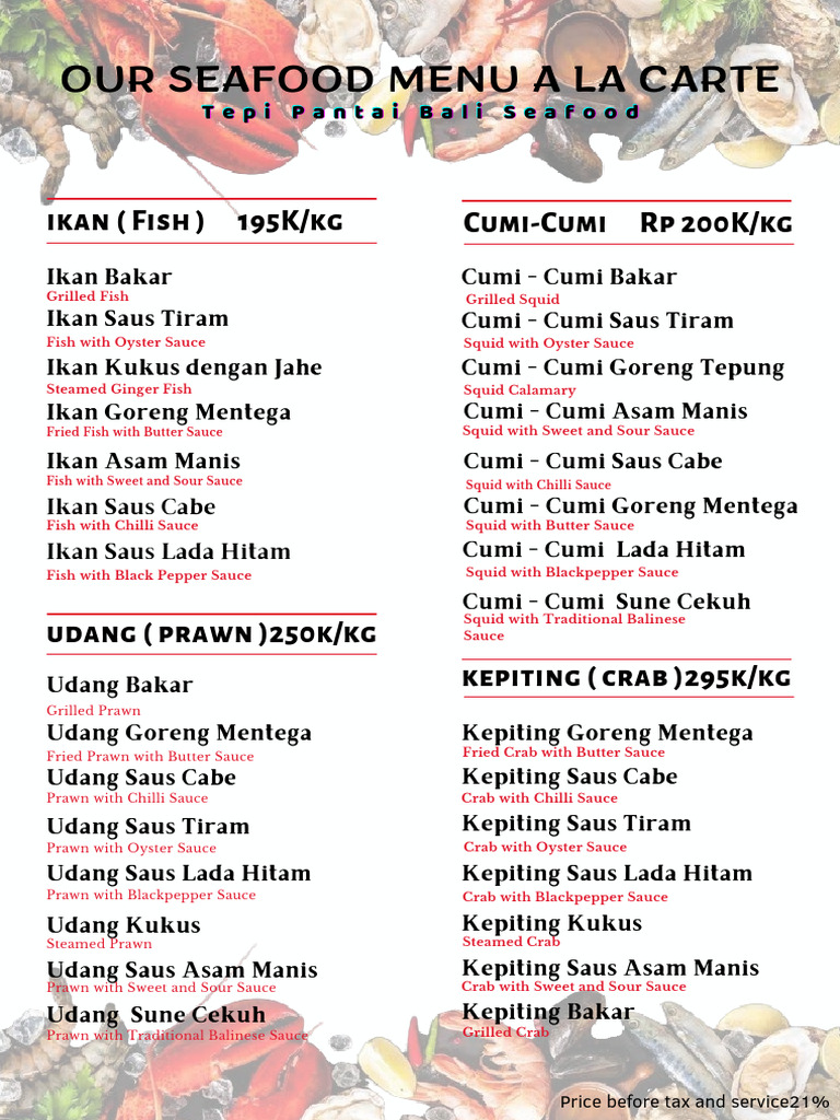 Bali Seafood A La Carte Menu | PDF | Drink | Cooking