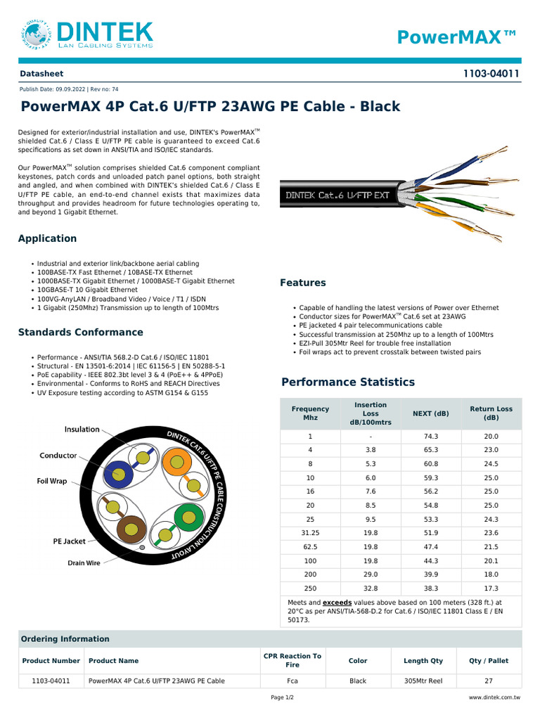 Dintek CAT6 Cable 1103-04011 (Outdoor) | PDF | Electronics | Electricity