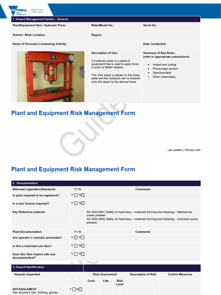 Hydraulic Press Risk MG T Form | PDF | Risk | Hazards