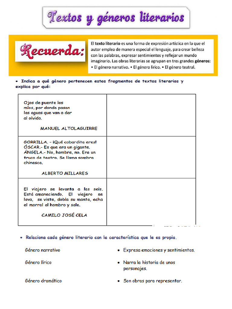 ACTIVIDAD GÉNEROS LITERARIOS 6° | PDF