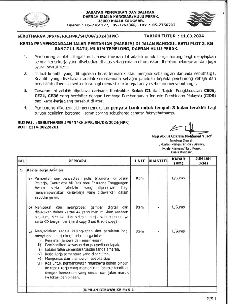 BQ Penyelenggaraan Jalan Pertanian Temelong | PDF