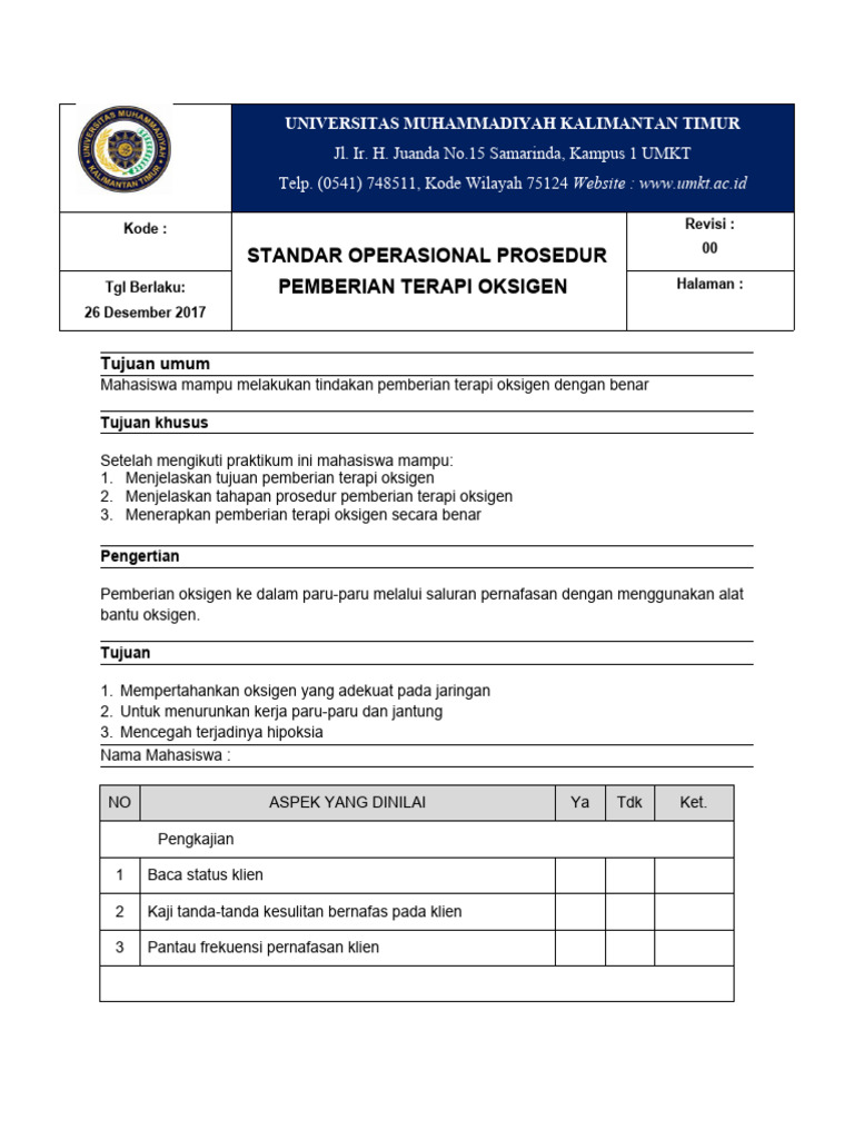 SOP Pemberian Terapi Oksigen | PDF