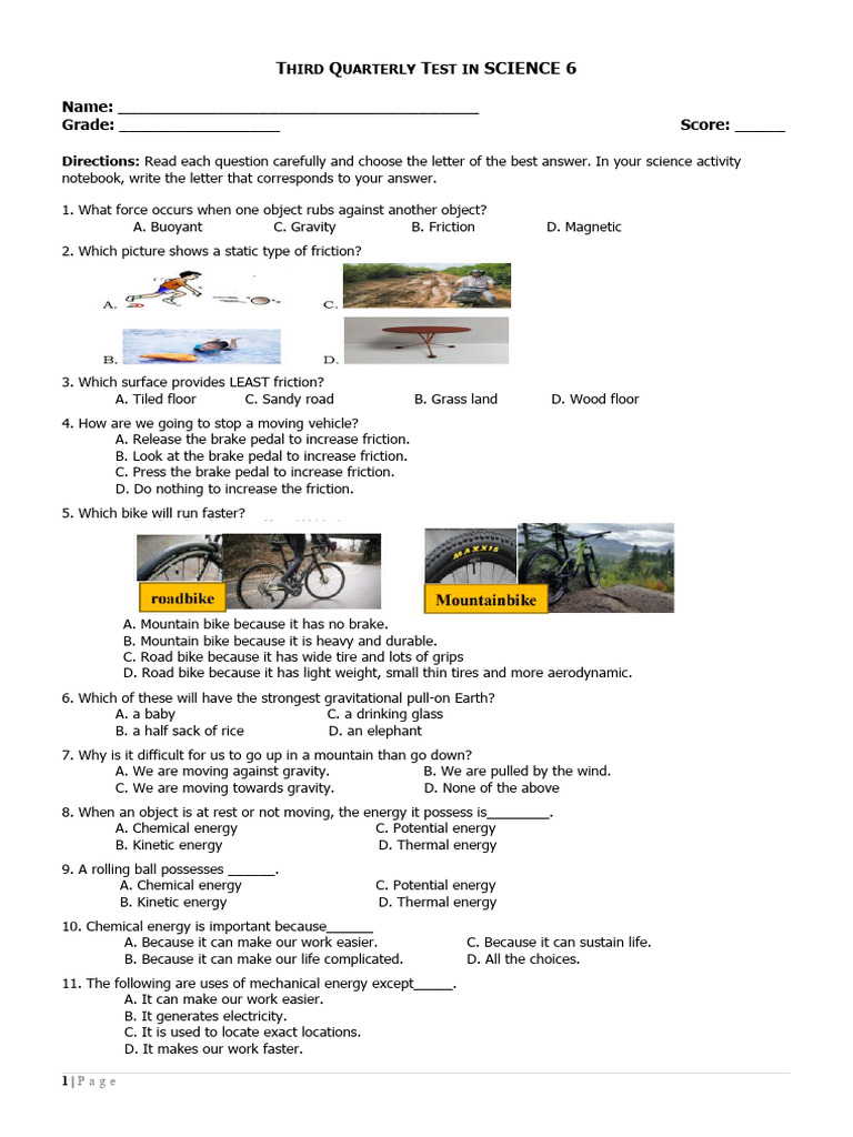 Science 6 Quarterly Test: Energy & Forces | PDF | Friction | Machines