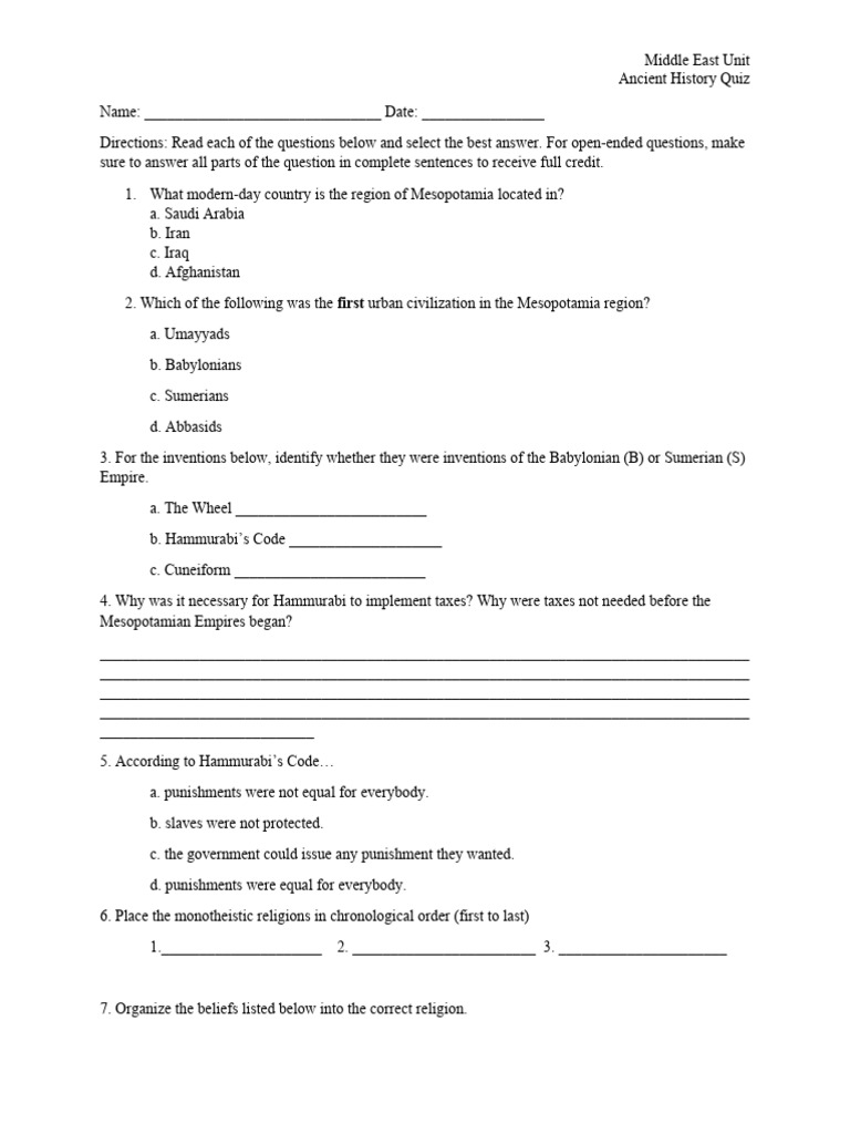 Ancient History Quiz | PDF | Mesopotamia | Caliphate