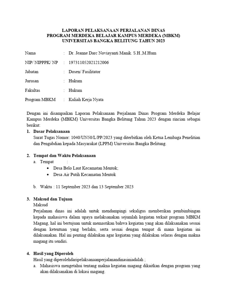 Laporan Kunjungan MBKM Universitas Bangka Belitung Tahun 2023 - Jeanne DN Manik | PDF