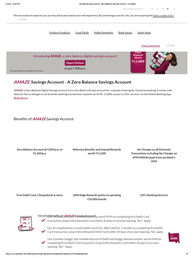 Axis Bank AMAZE Zero Balance Account | PDF | Debit Card | Banks