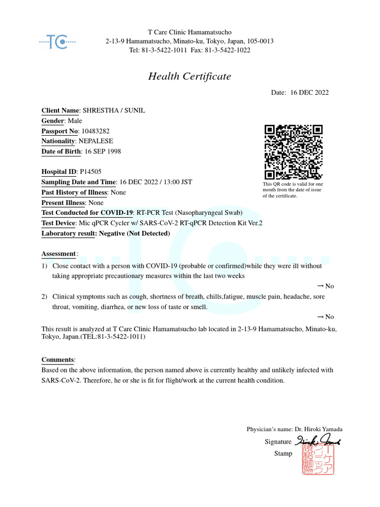 COVID-19 Health Certificate - T Care Clinic | PDF | Science & Mathematics