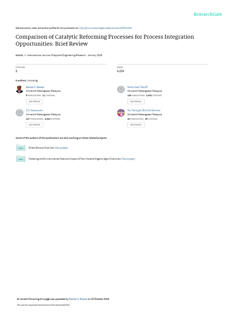 Comparisonof Catalytic Reforming Processesfor Process Integration Opportunities Brief Review ...