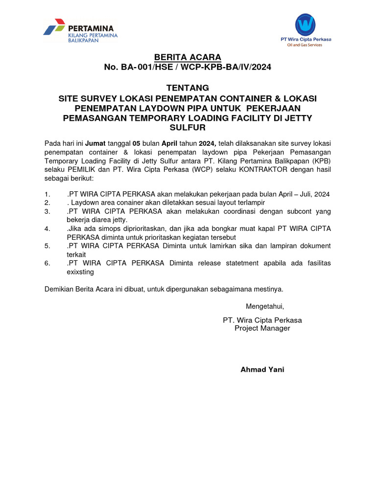 Berita Acara Site Visit Pekerjaan Pemasangan Temporary Loading Facility ...