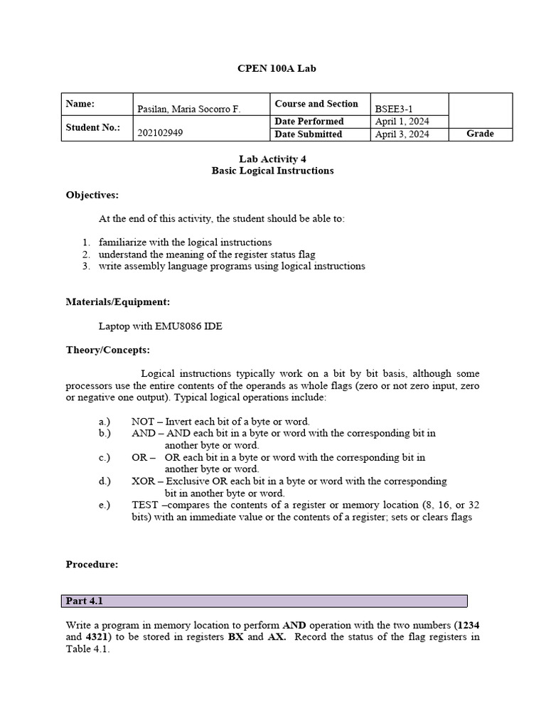PASILAN Lab Activity 4 Basic Logic Instructions | PDF | Bit | Assembly Language
