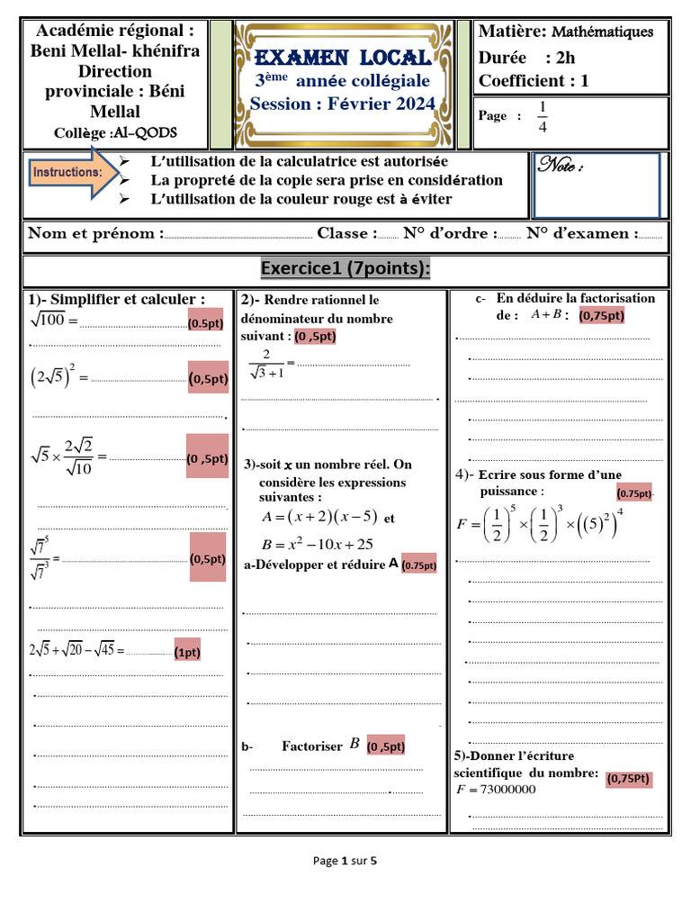 Examen local 3AC Mathématiques 2024 | PDF | Géométrie euclidienne ...