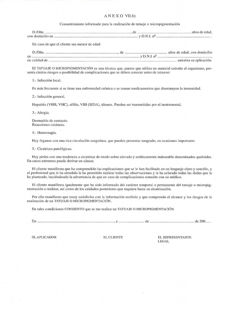 Consentimiento Informado para tatuaje y micropigmentacion_Anexo VII_b_ESPAÑOL | PDF