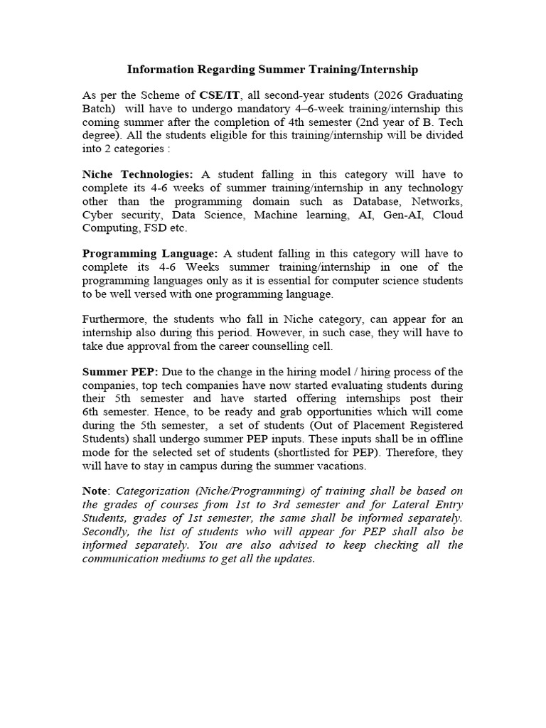 Information Regarding Summer Training/Internship | PDF