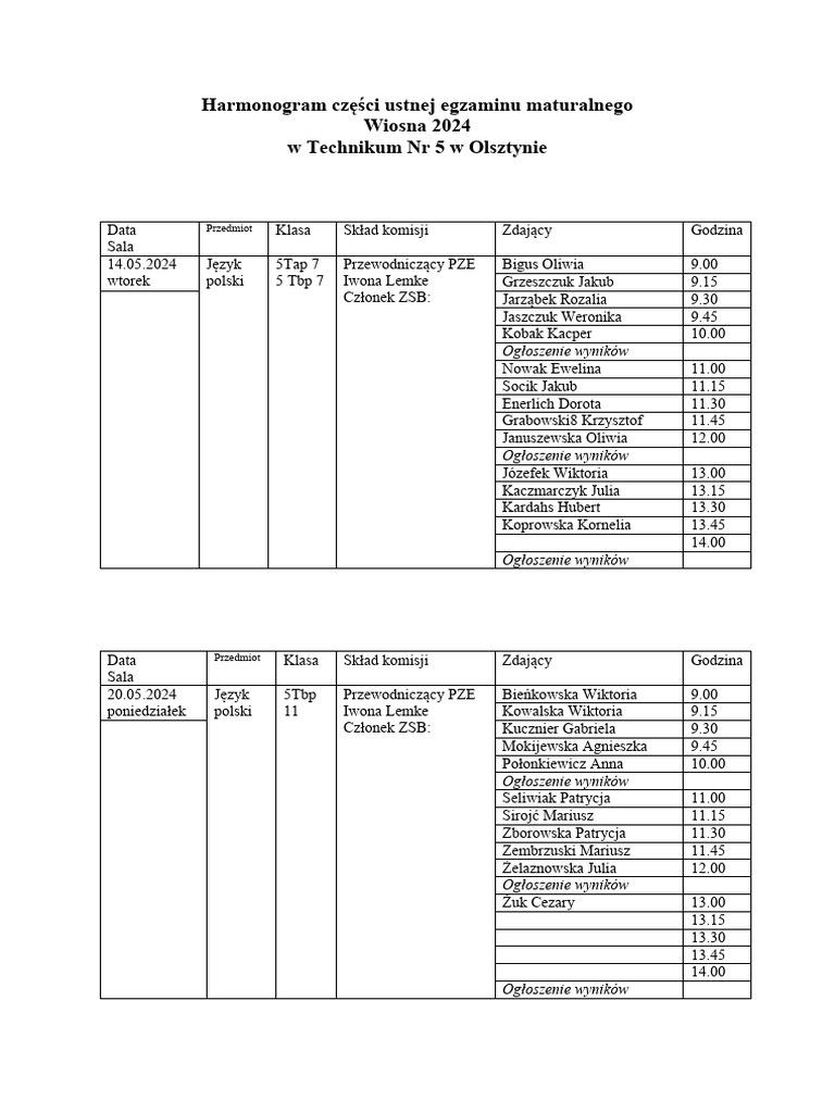 2024 Harmonogram Czä Å Ci Ustnej Egzaminu Maturalnego | PDF