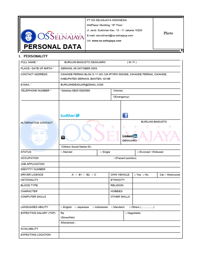 Personal Data Form PT Selnajaya Prima | PDF