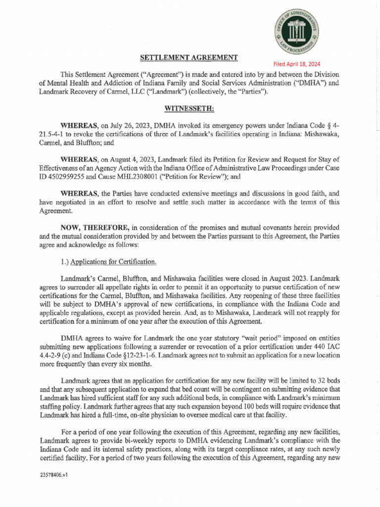 2024 04 18 Settlement Agreement Landmark Final Executed | PDF