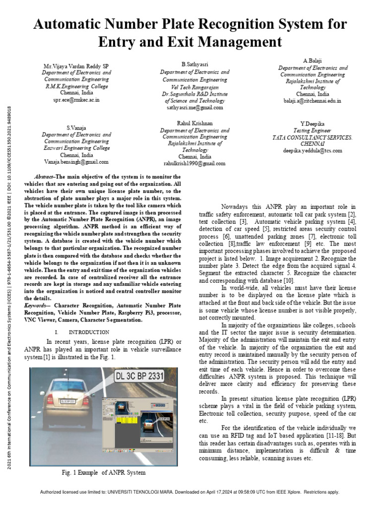 Automatic Number Plate Recognition System For Entry and Exit Management ...